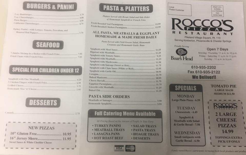 Menu at Rocco's Pizza Restaurant, Phoenixville, 517 Kimberton Rd