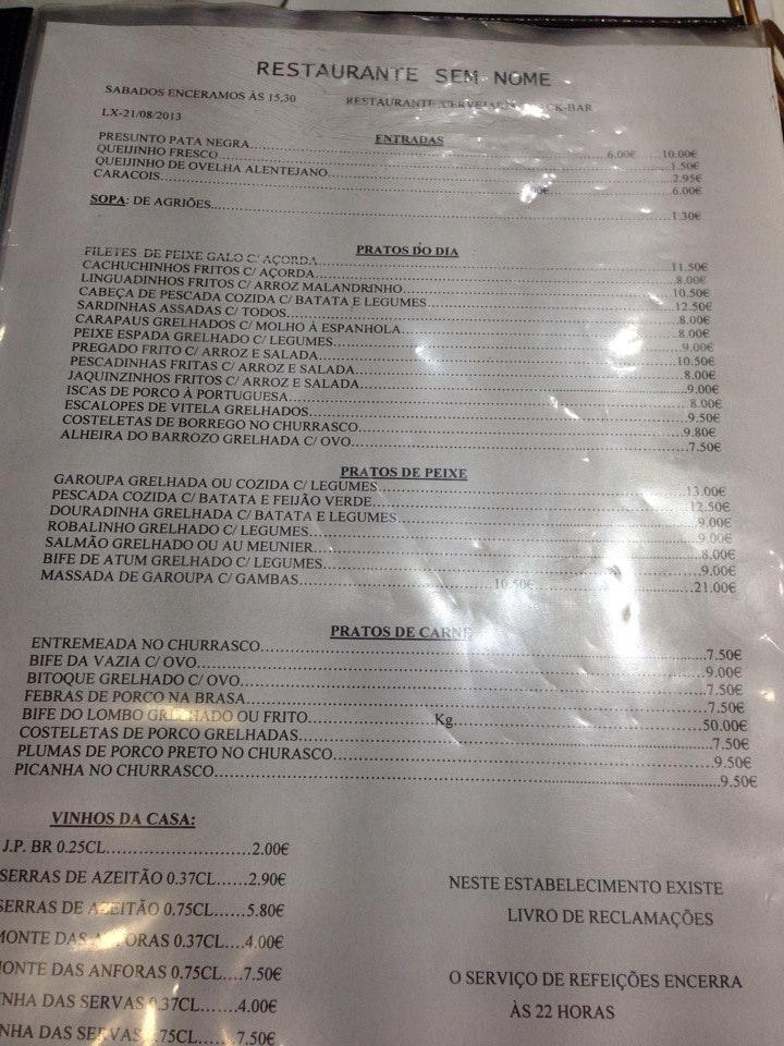Menu at Sem Nome steakhouse, Lisbon, R. Marquesa de Alorna 29C