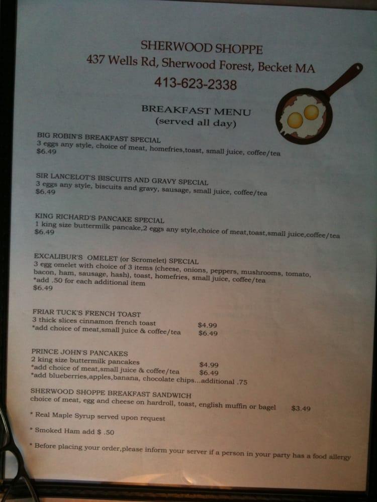 Menu at Sherwood Shoppe restaurant, Becket