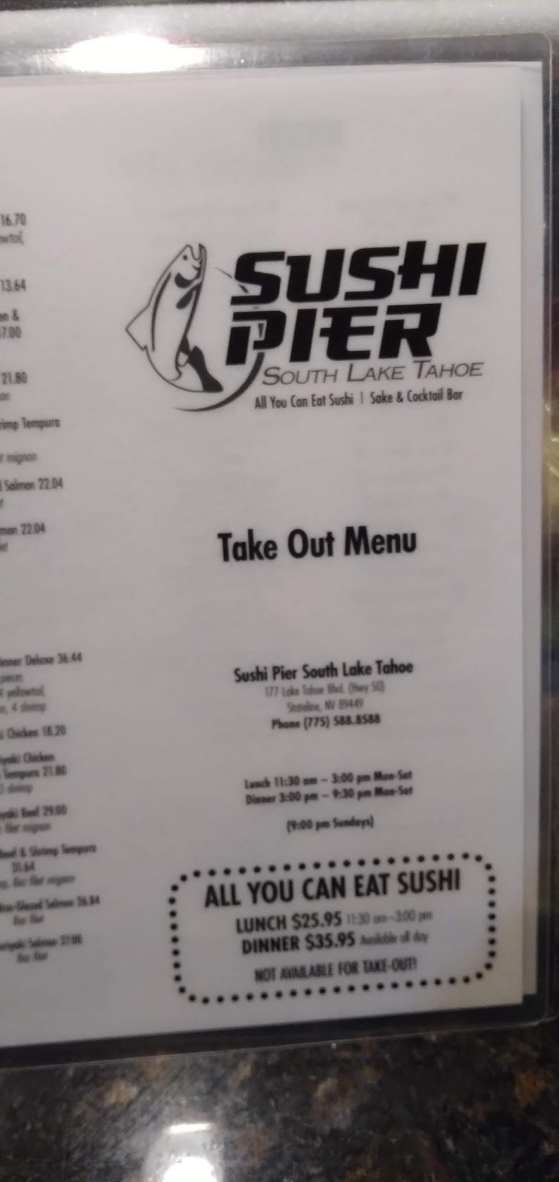 Menu at Sushi Pier Tahoe restaurant, Stateline