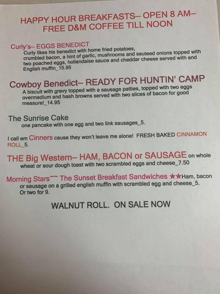 Menu at The Sunset Cafe, Cle Elum
