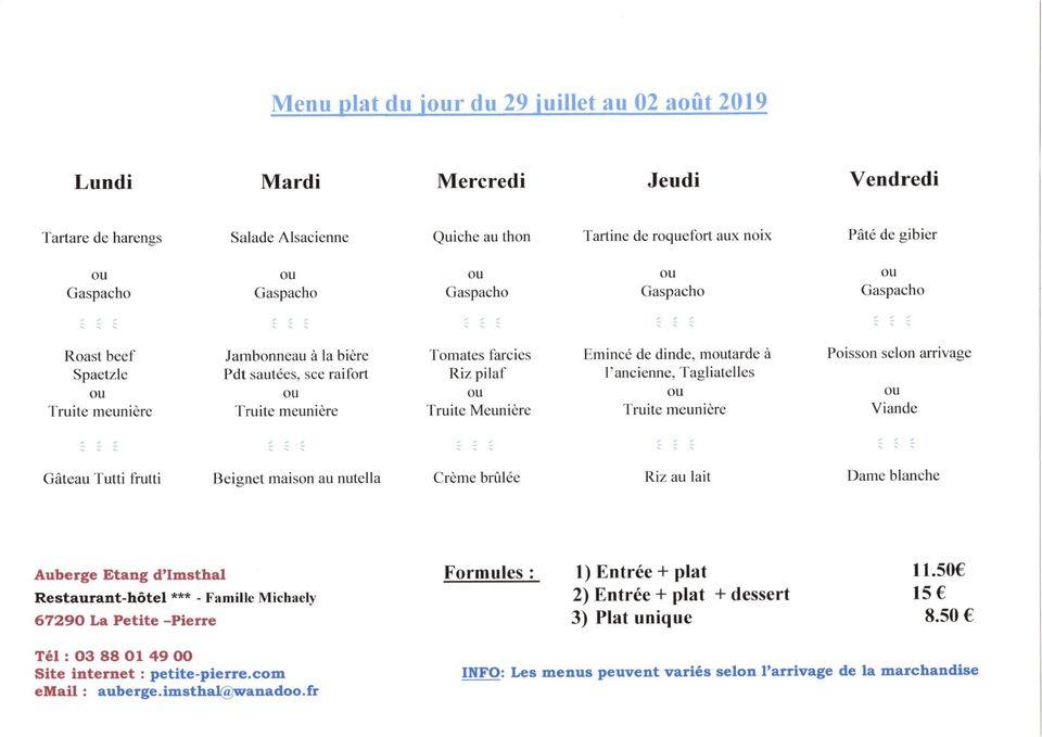 Menu au Restaurant de l'Auberge d'Imsthal La Petite Pierre, La Petite ...