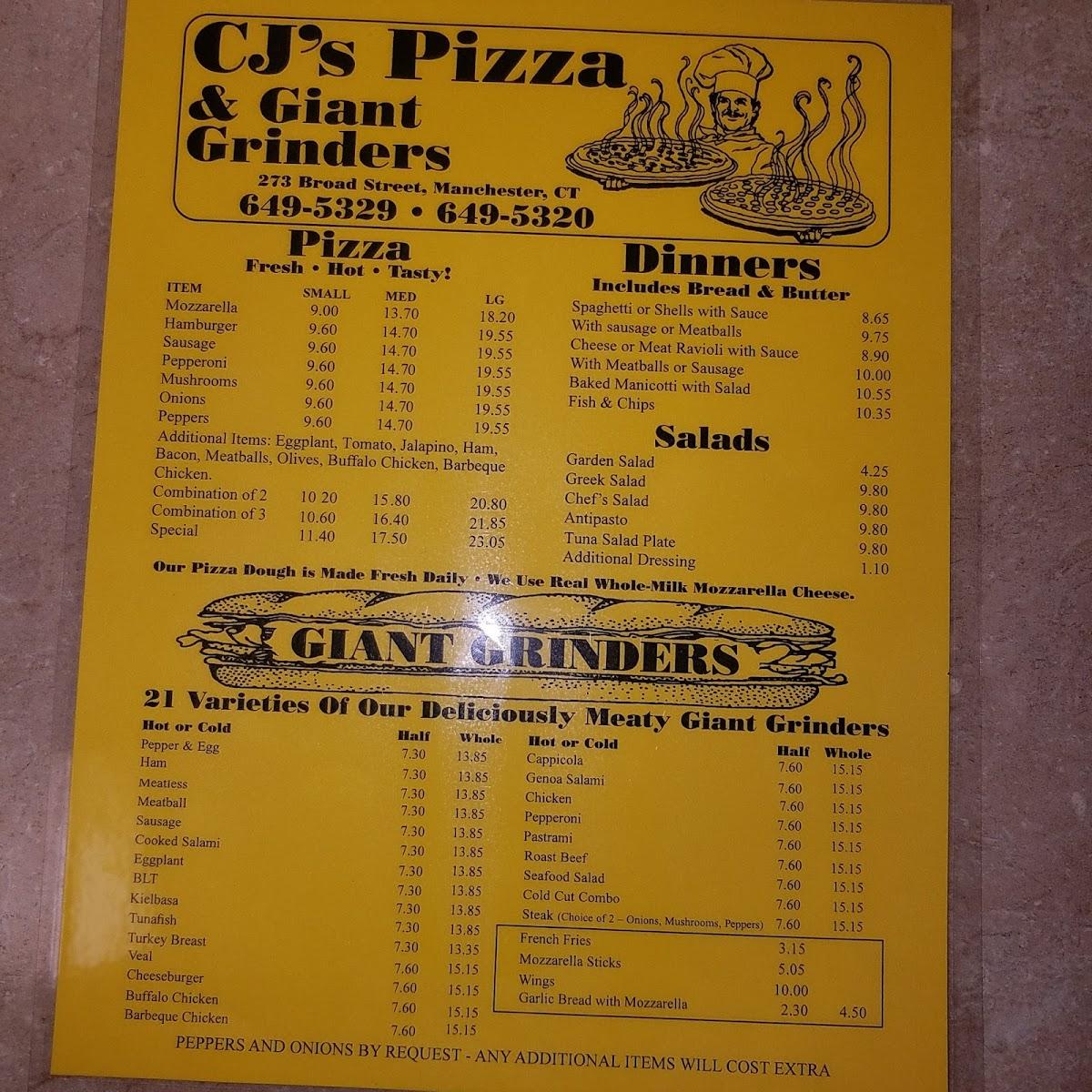 Menu at CJ's Pizza and Giant Grinders pizzeria, Manchester