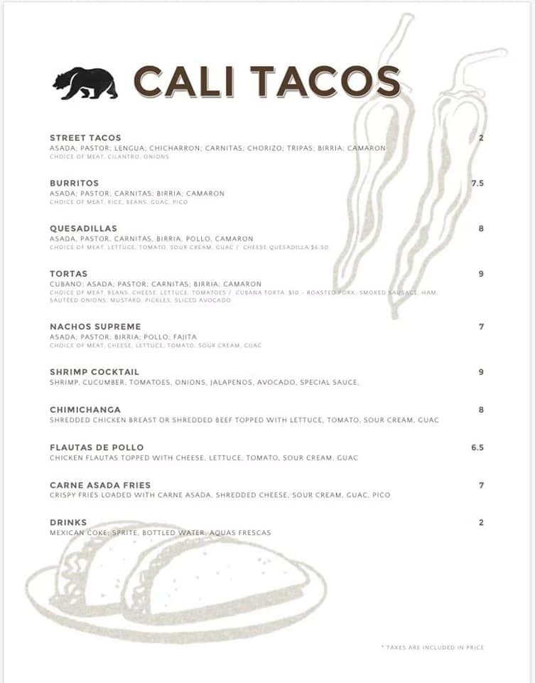 Carta del restaurante Cali Tacos, Enid