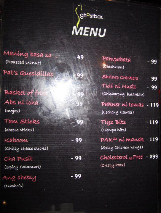 Menu at Ghost Bar & Grill, City of Balanga