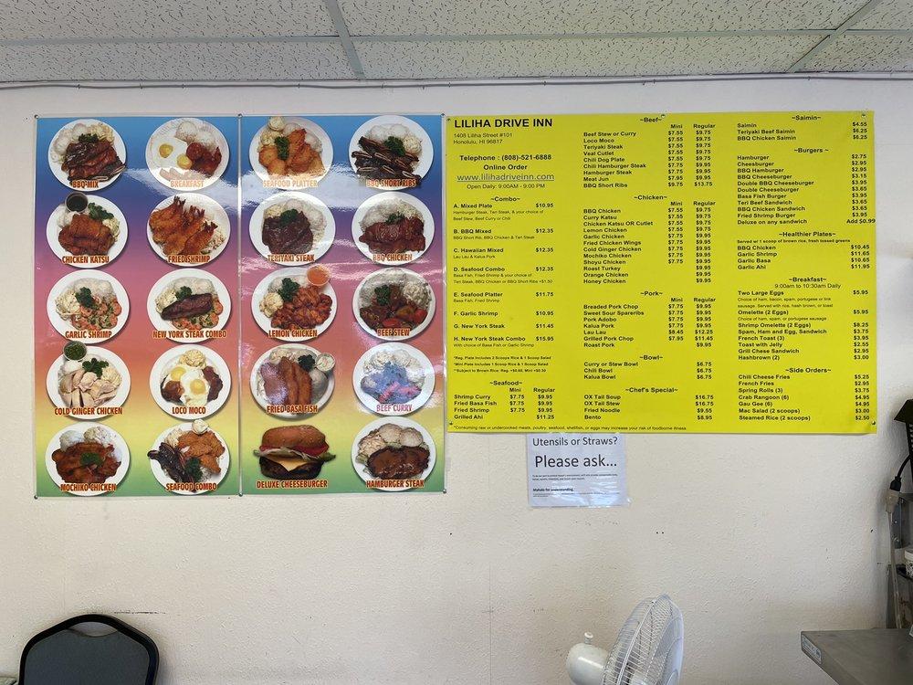Menu at Liliha Drive Inn BBQ, Honolulu
