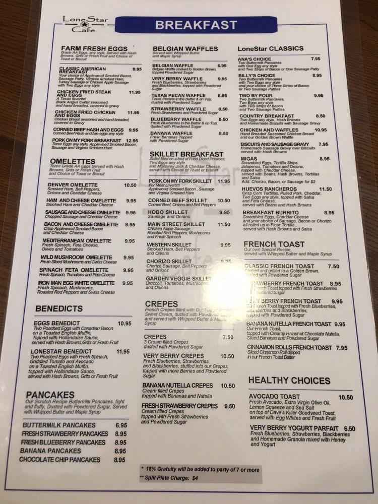 Menu at Lone Star Cafe, Grapevine