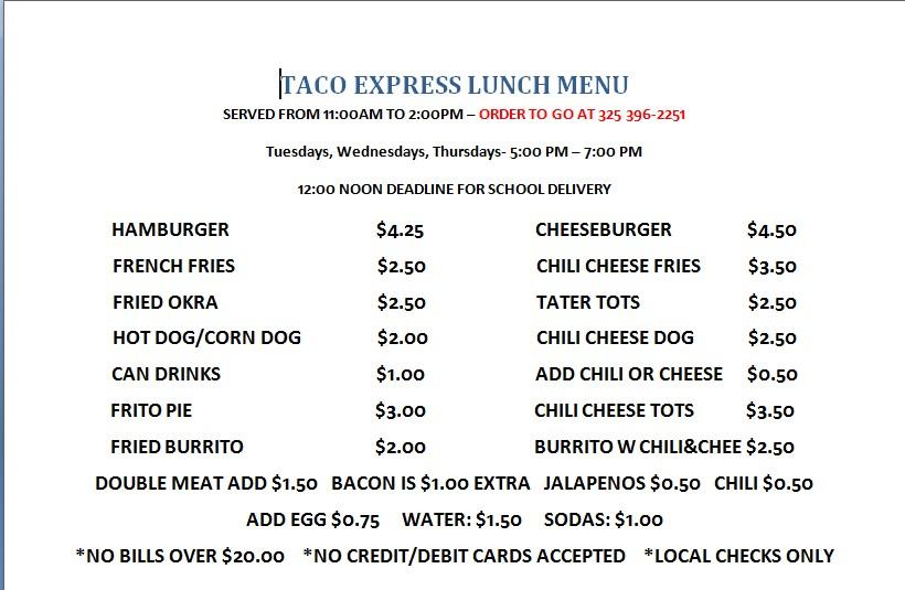 Menu at Taco Express restaurant, Menard, 708 Frisco Ave