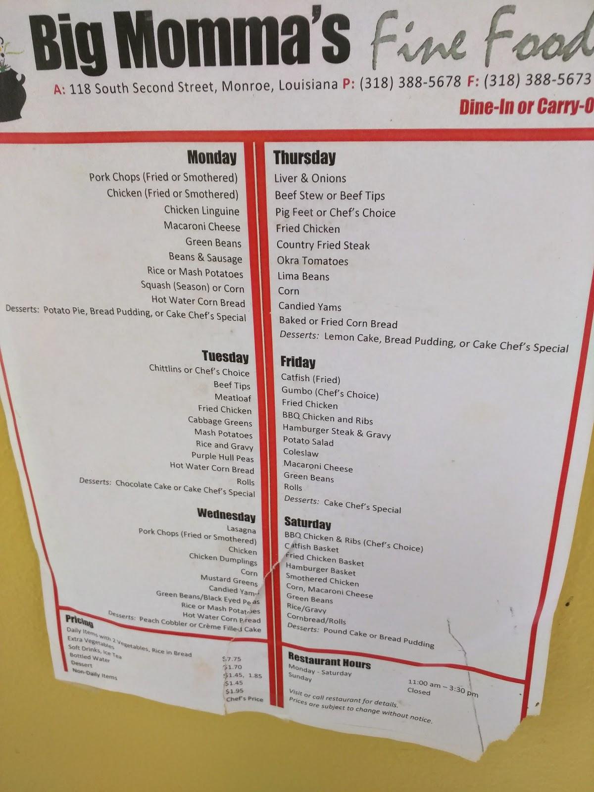 Menu at Big Momma's Fine Foods restaurant, Monroe