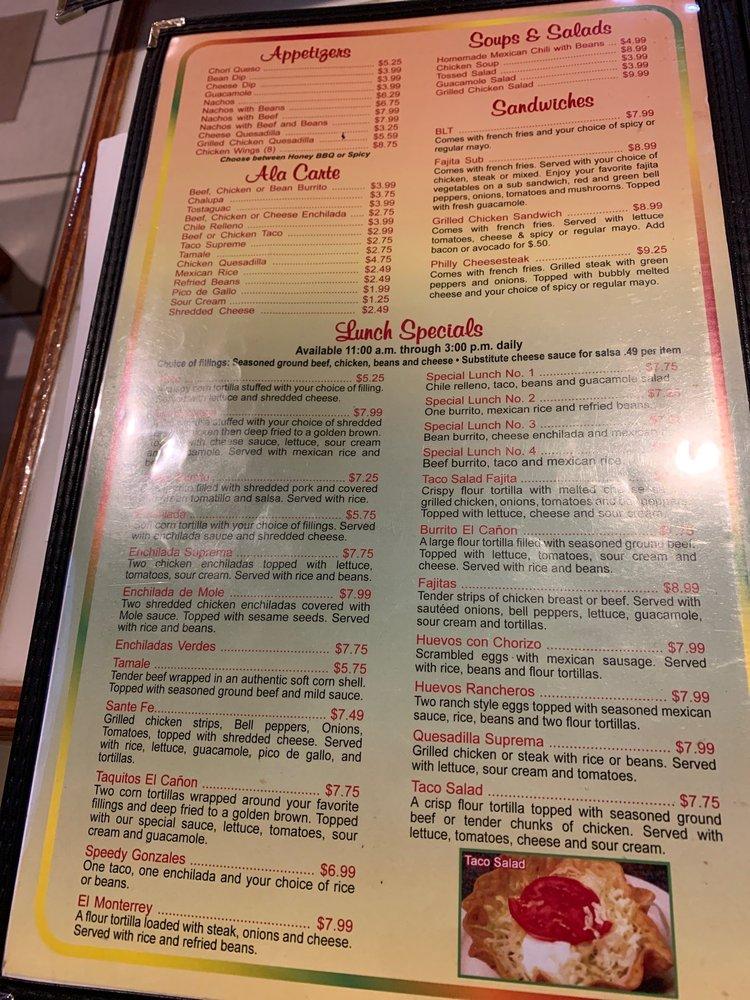 Menu at El Cañon Mexican Restaurant, Grove City