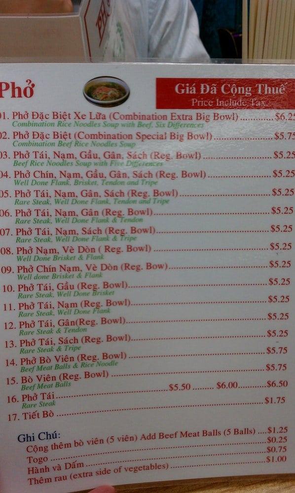 Menu at Phở 86 Restaurant, Westminster, Brookhurst St