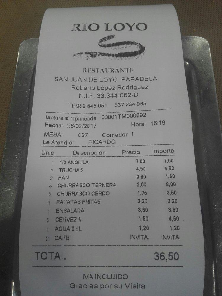Carta de Restaurante Río Loyo, Puertomarin