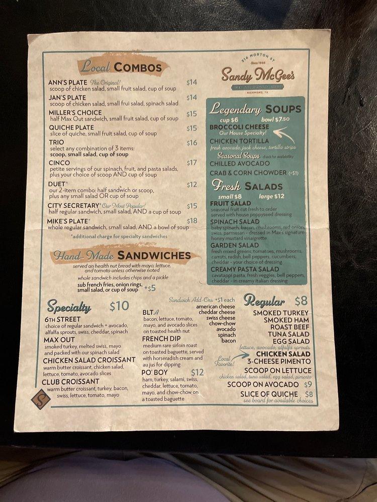 Menu at Sandy McGee's Restaurant, Richmond