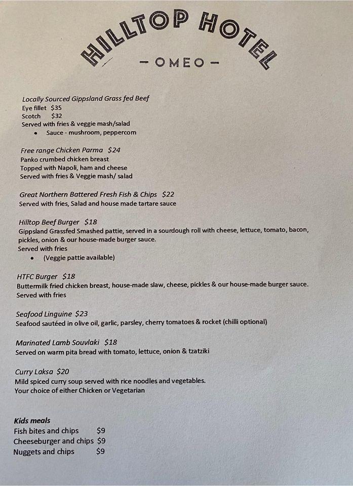 Menu at hilltop hotel omeo pub & bar, Omeo