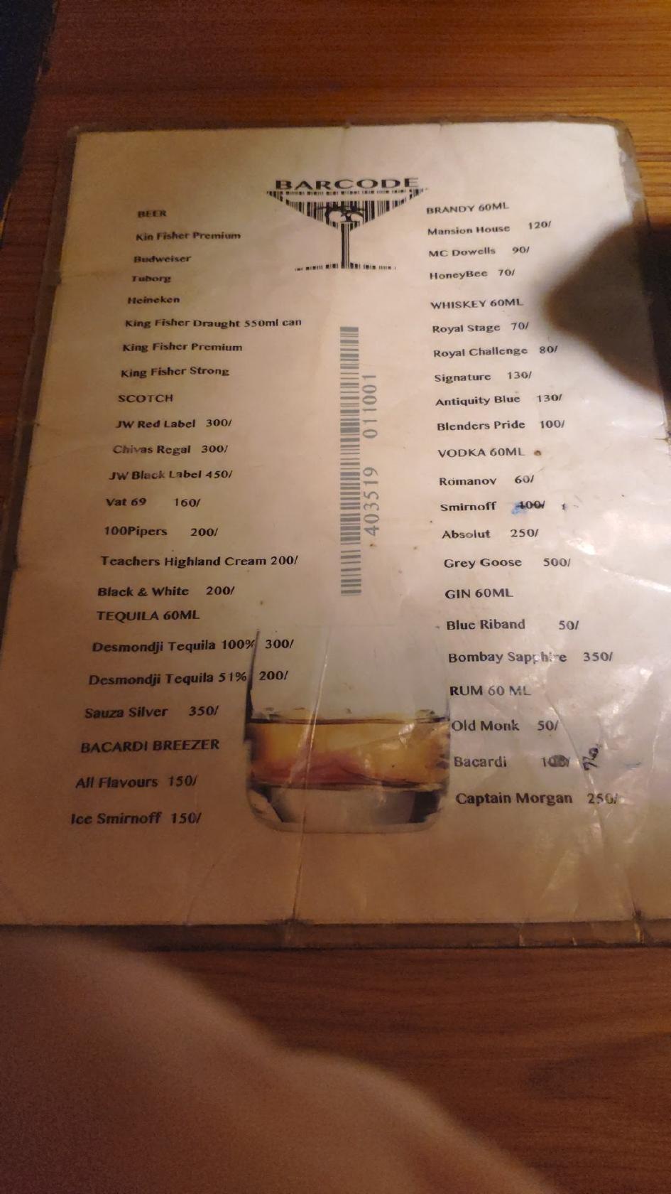 Menu at Barcode Shack, Anjuna