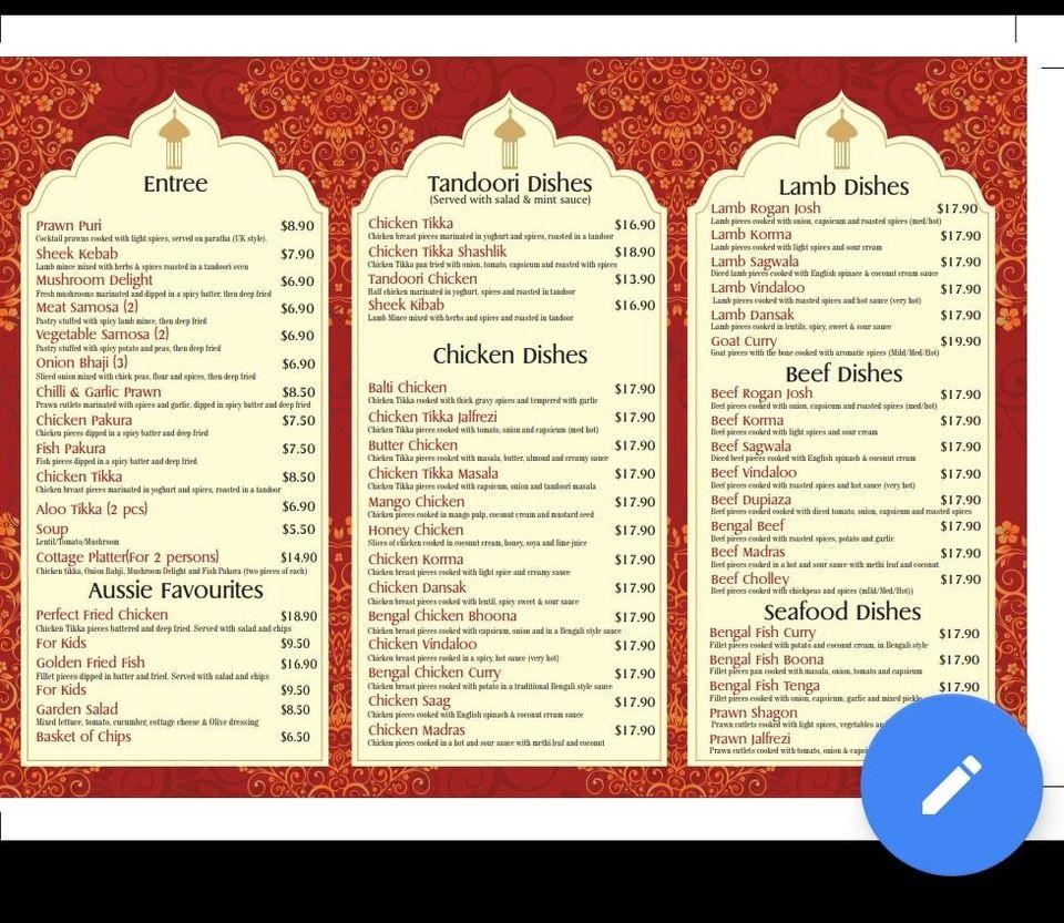 Menu at India Cottage restaurant, Kwinana Beach