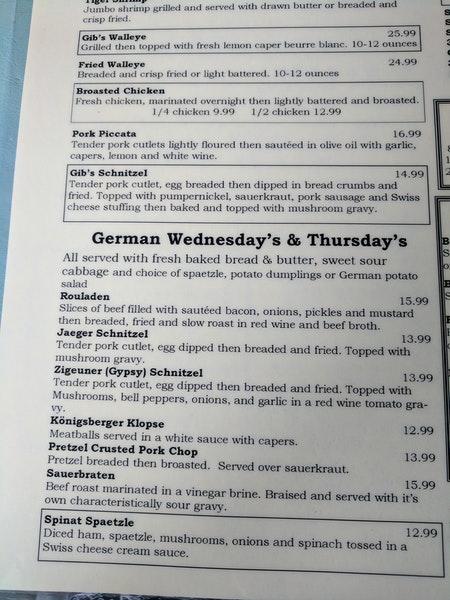 Menu at Late's restaurant, Manitowoc