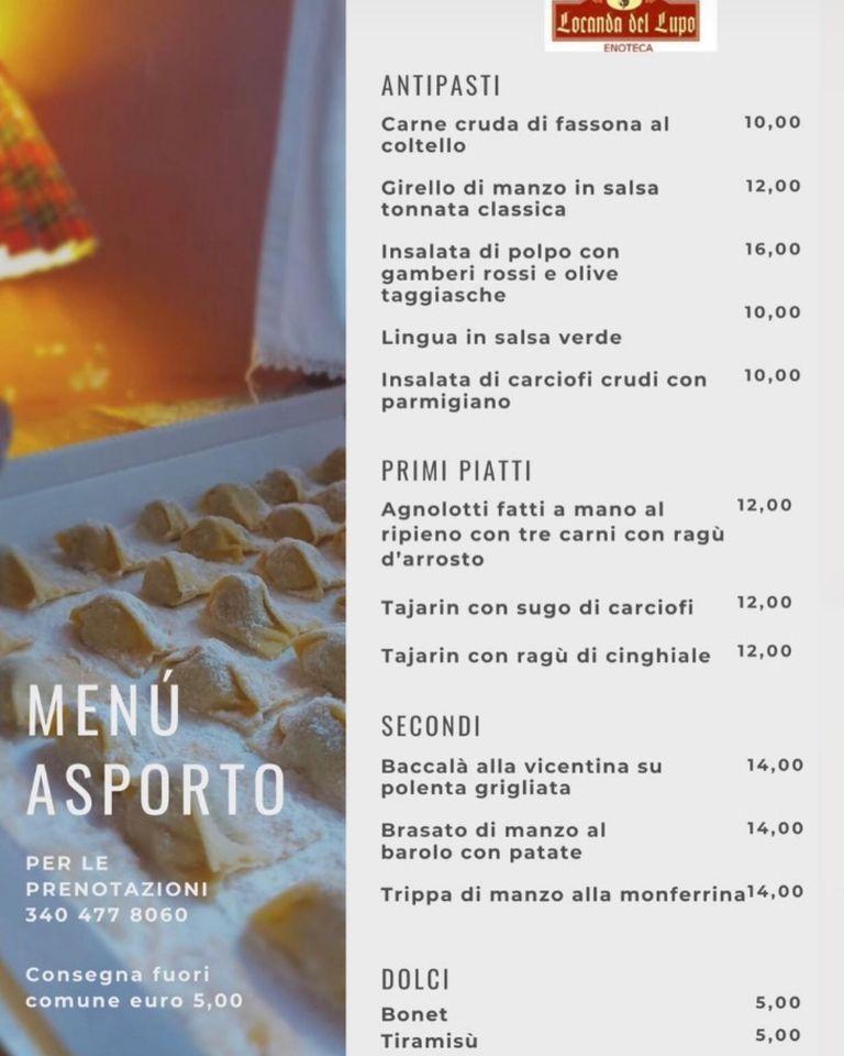Menu at Locanda del Lupo restaurant, Rivoli