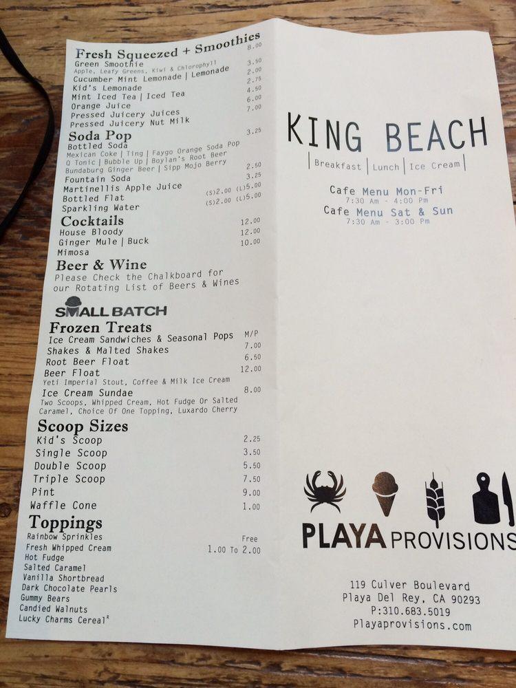 Menu at Playa Provisions pub & bar, Los Angeles, 119 Culver Blvd