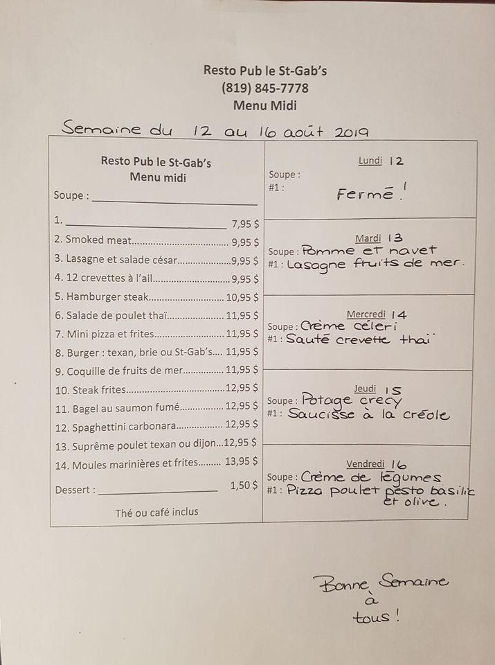 Menu au Resto-Pub St-Gab's, Windsor