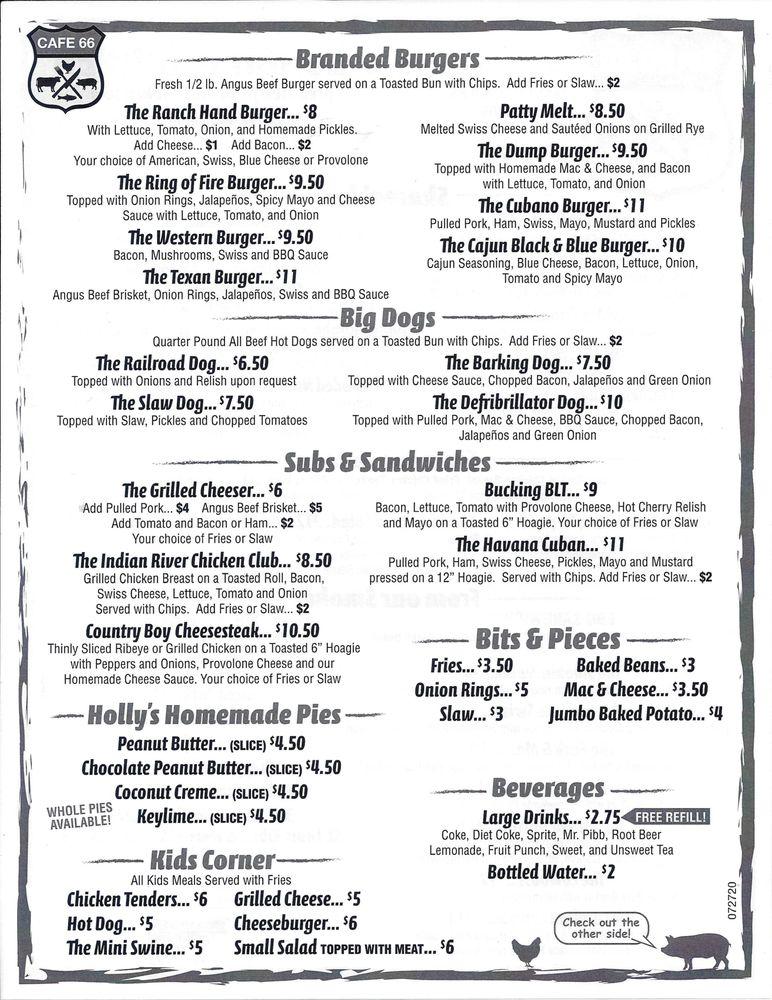 Menu at Cafe 66, Vero Beach, 685 US-1