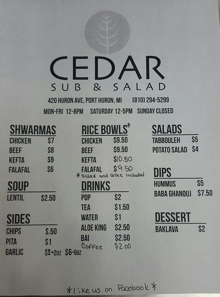 Menu at Cedar Sub and Salad restaurant, Port Huron