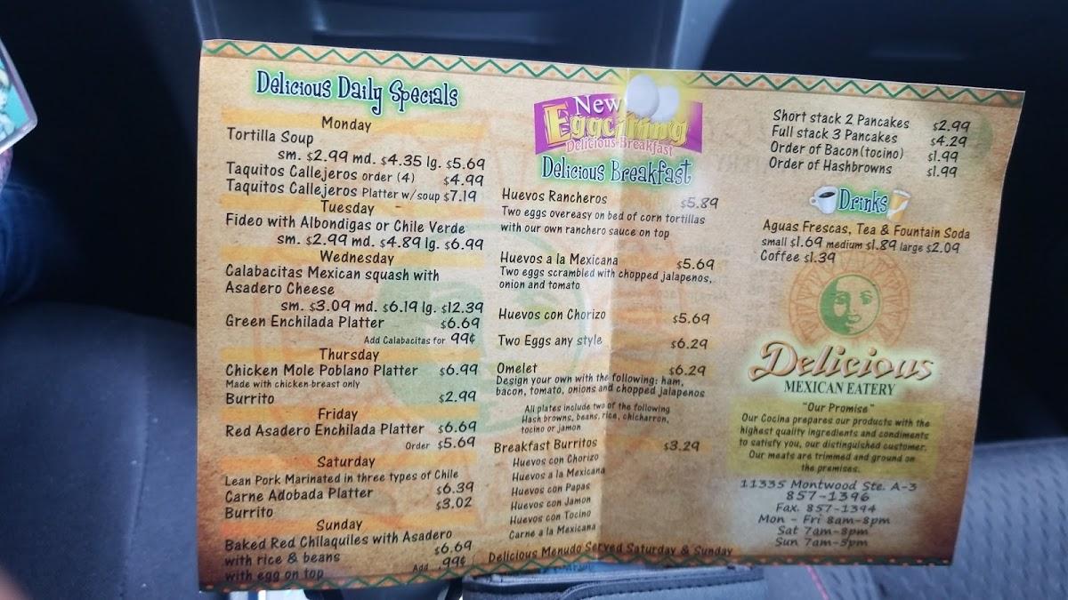 Menu at Delicious Mexican Eatery restaurant, El Paso, Montwood Dr