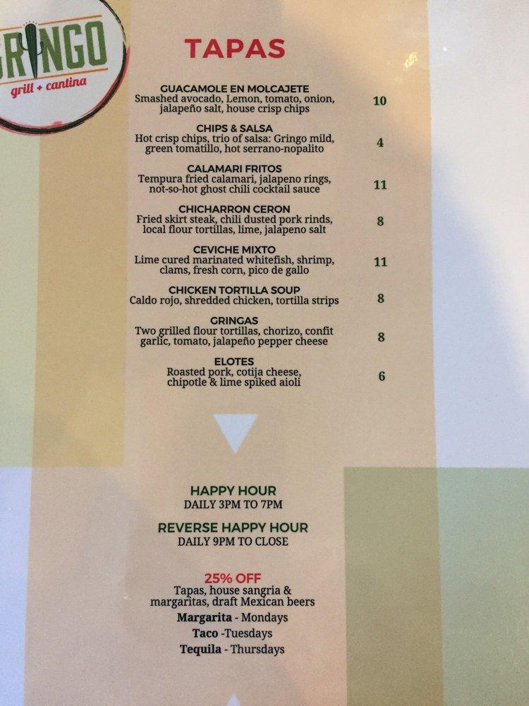 Menu at GRINGO grill + cantina pub & bar, Tucson