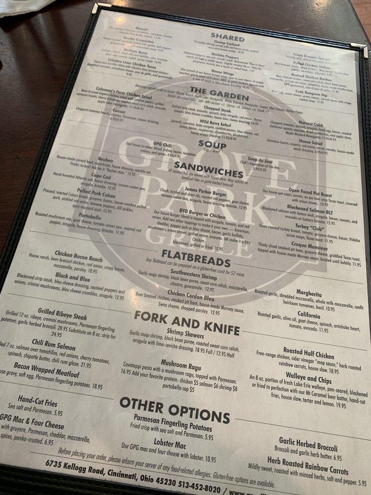 Menu at Grove Park Grille pub & bar, Cincinnati