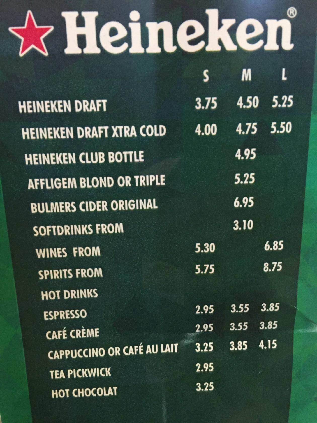 Carta de Heineken Bar, Aeropuerto de Ámsterdam-Schiphol