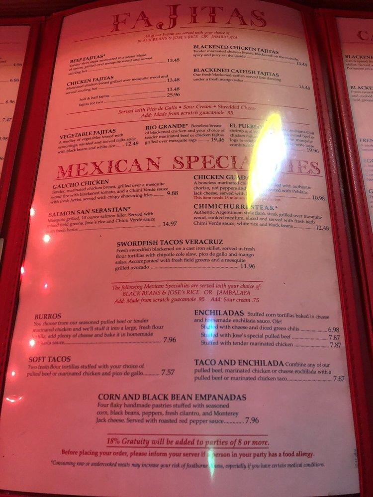 Menu at Jose Tejas restaurant, Fairfield, 647 US-46