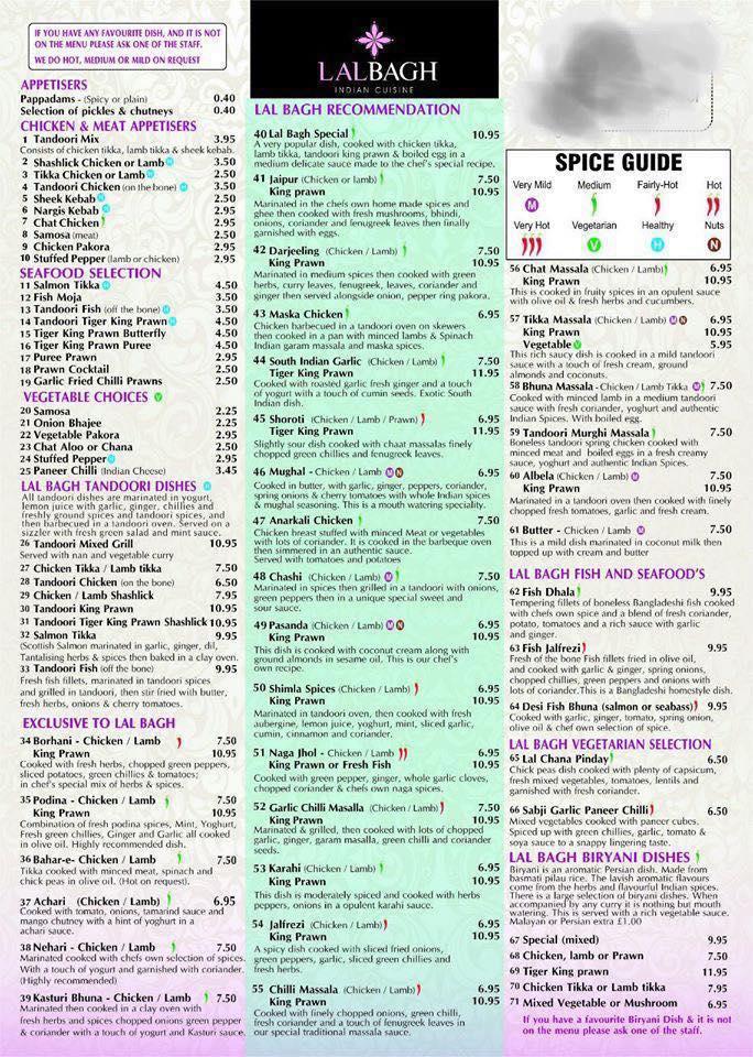 Menu at Lal Bagh restaurant, Lichfield