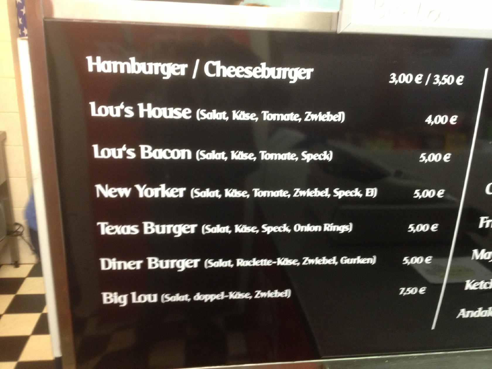Menu at Lou's Diner fast food, Beidweiler, L