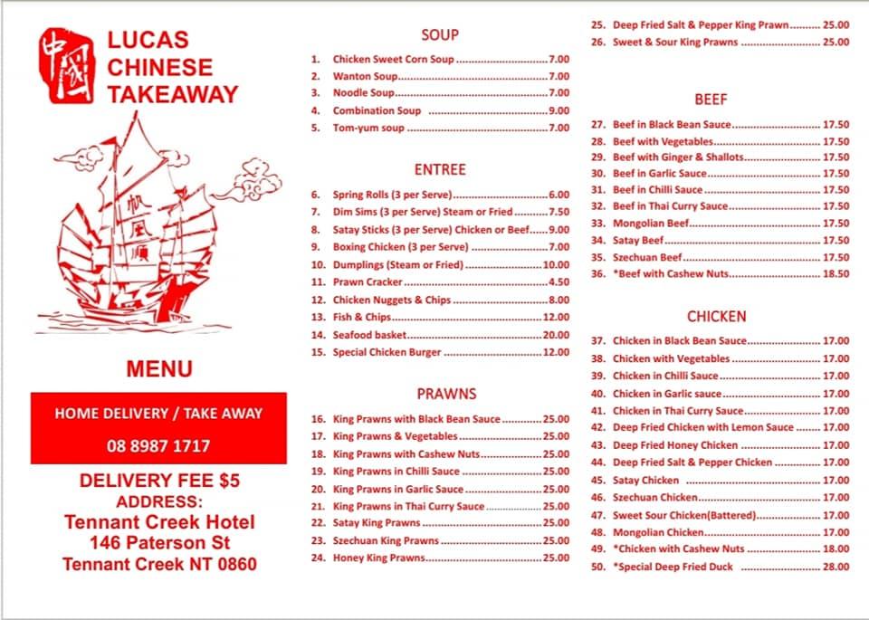 Menu at Lucas's Chinese Takeaway restaurant, Tennant Creek