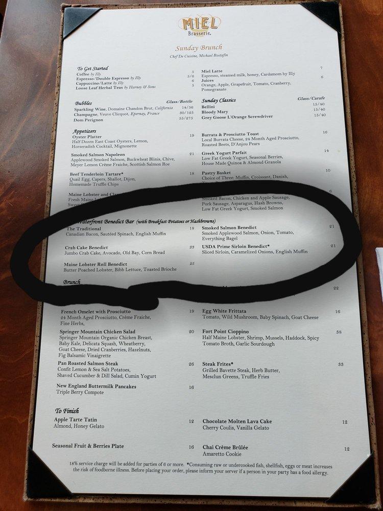 Menu at Miel Brasserie restaurant, Boston, 510 Atlantic Ave