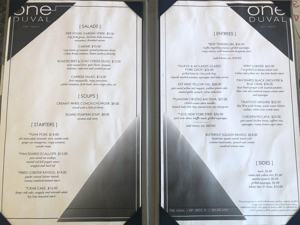 Menu at One Duval Restaurant, Key West