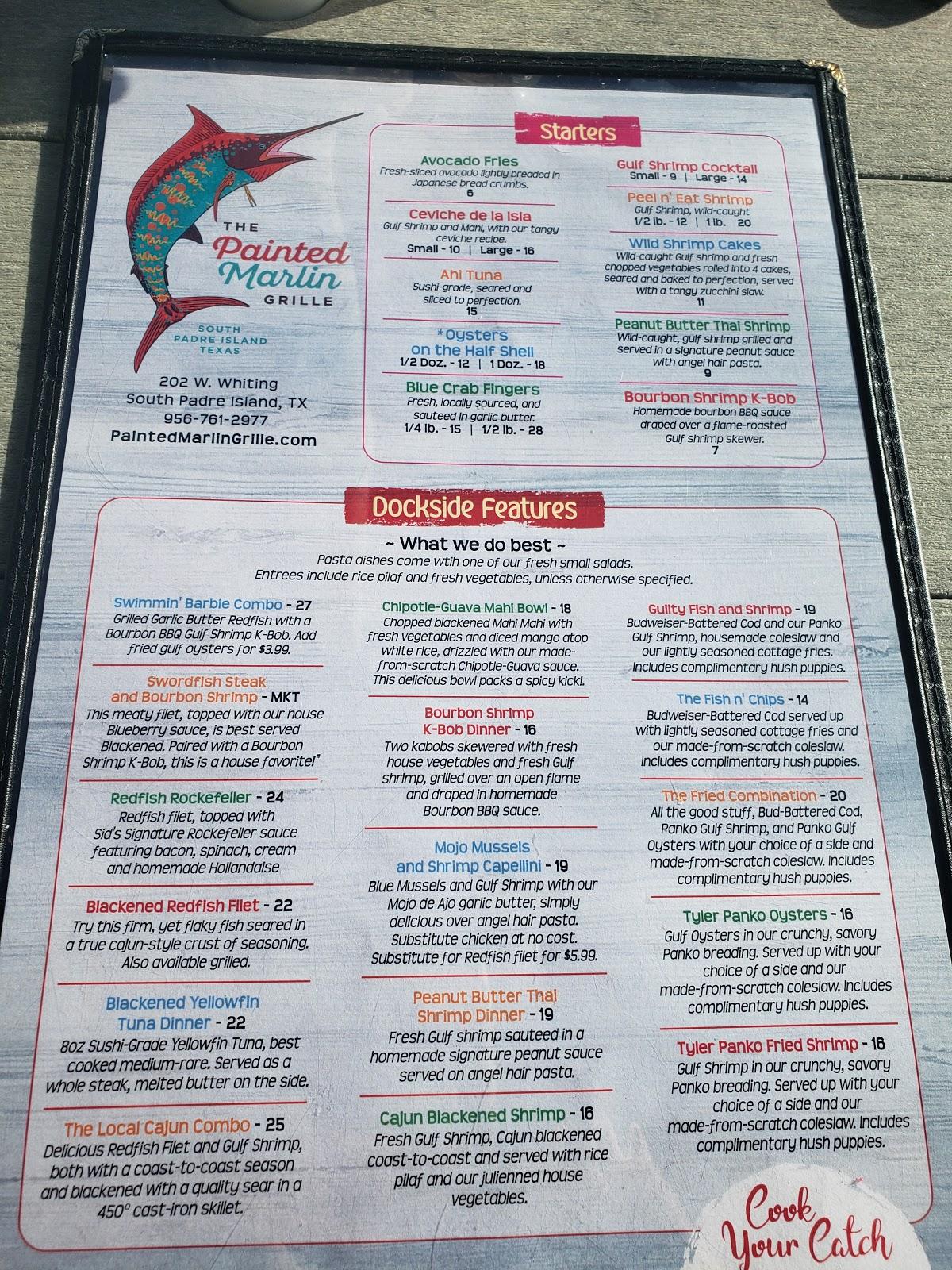 Menu at Painted Marlin Grille pub & bar, South Padre Island