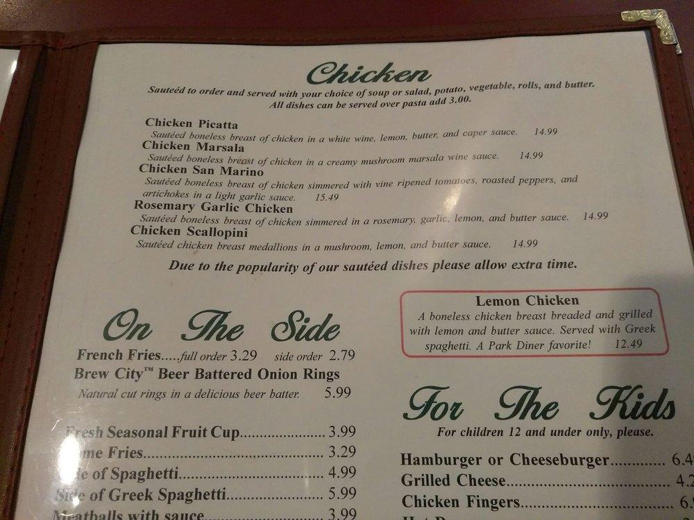 Menu at Park Diner restaurant, Binghamton