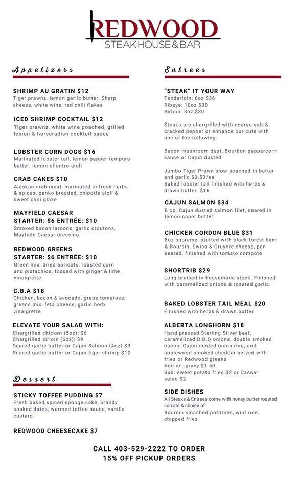 Menu at Redwood Steakhouse & Bar, Medicine Hat