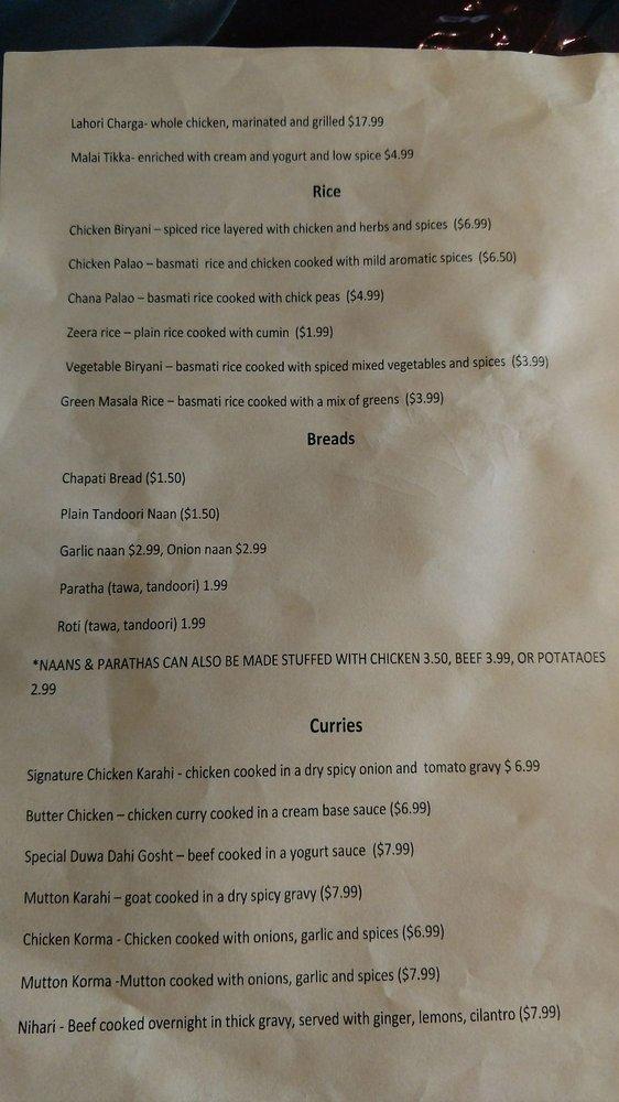 Menu at Sheesh Mahal restaurant, Oklahoma City