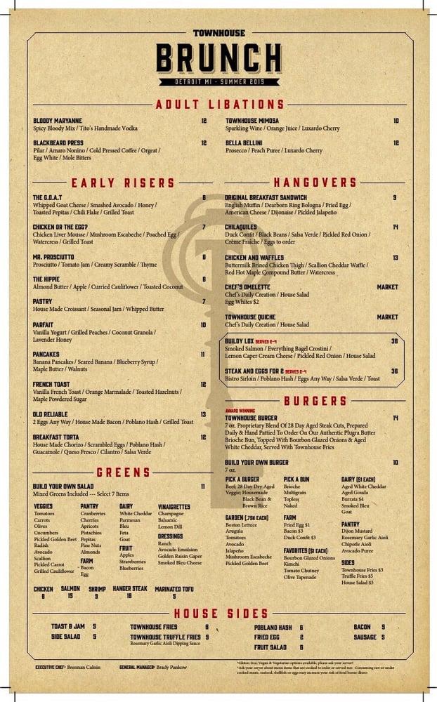 Menu at Townhouse Detroit pub & bar, Detroit, 500 Woodward Ave