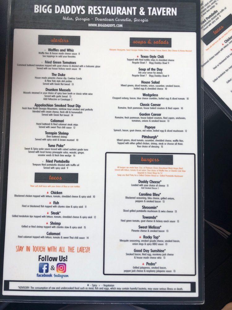 Menu at Bigg Daddys Restaurant & Tavern, Helen