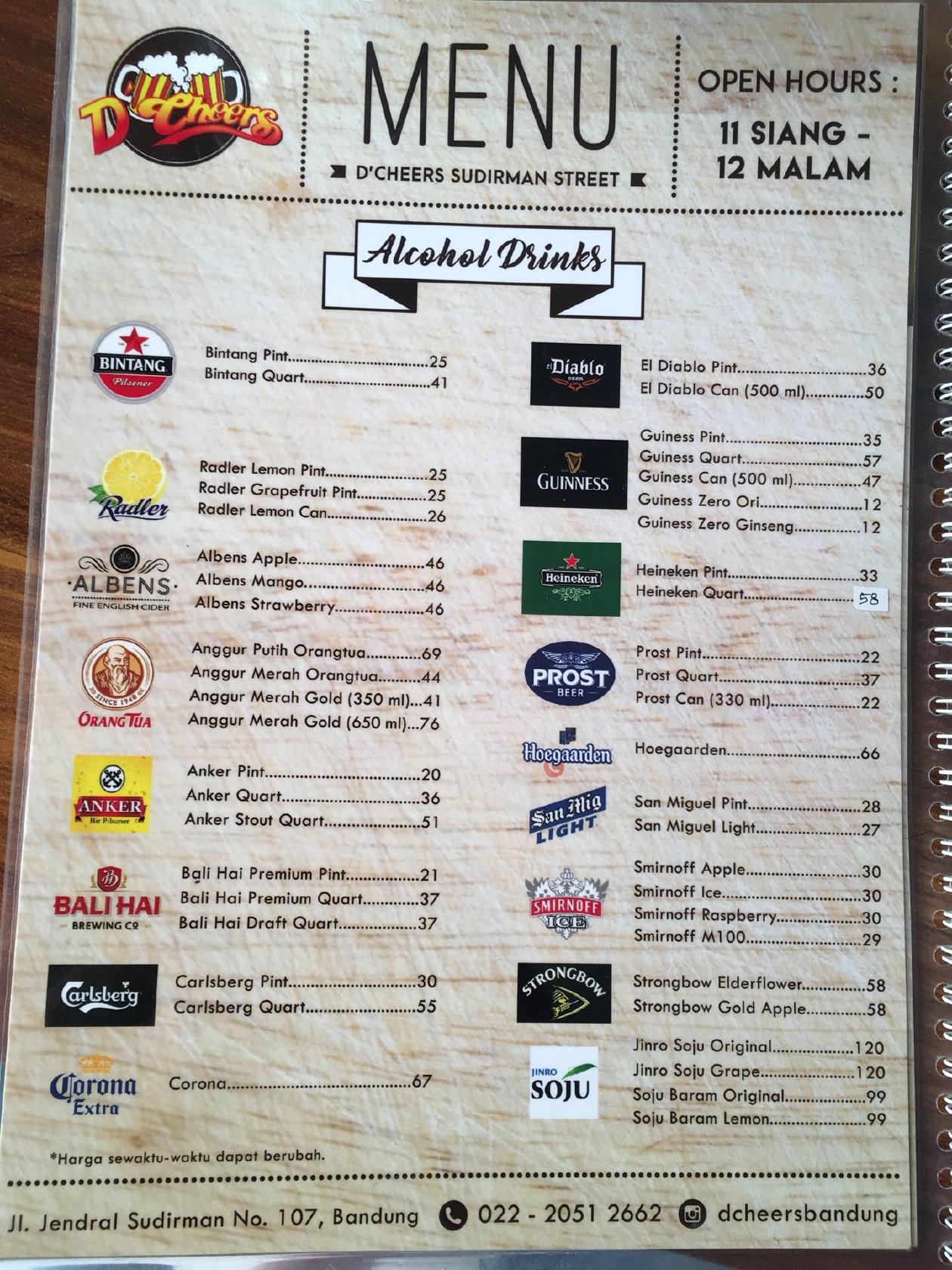 Menu at D'Cheers cafe, Bandung