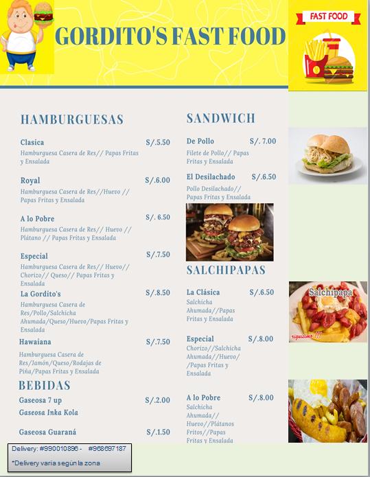 Menu at Gordito's Fast Food, Piura