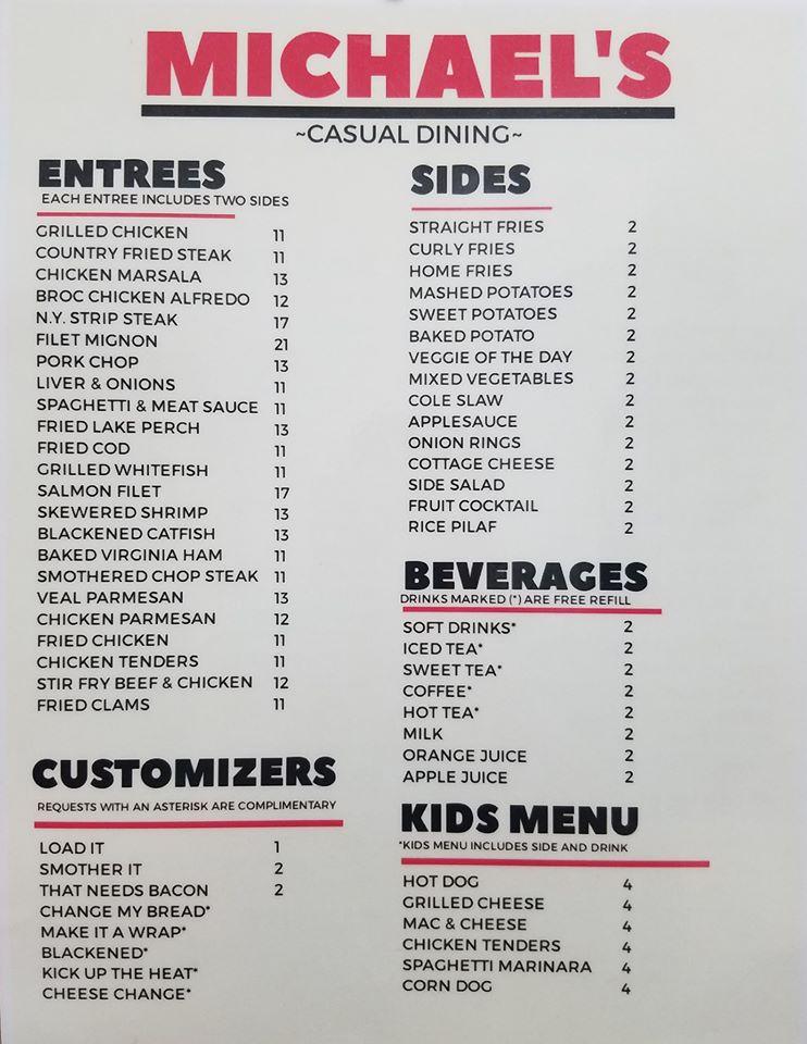 Menu at Michael's restaurant, Galion