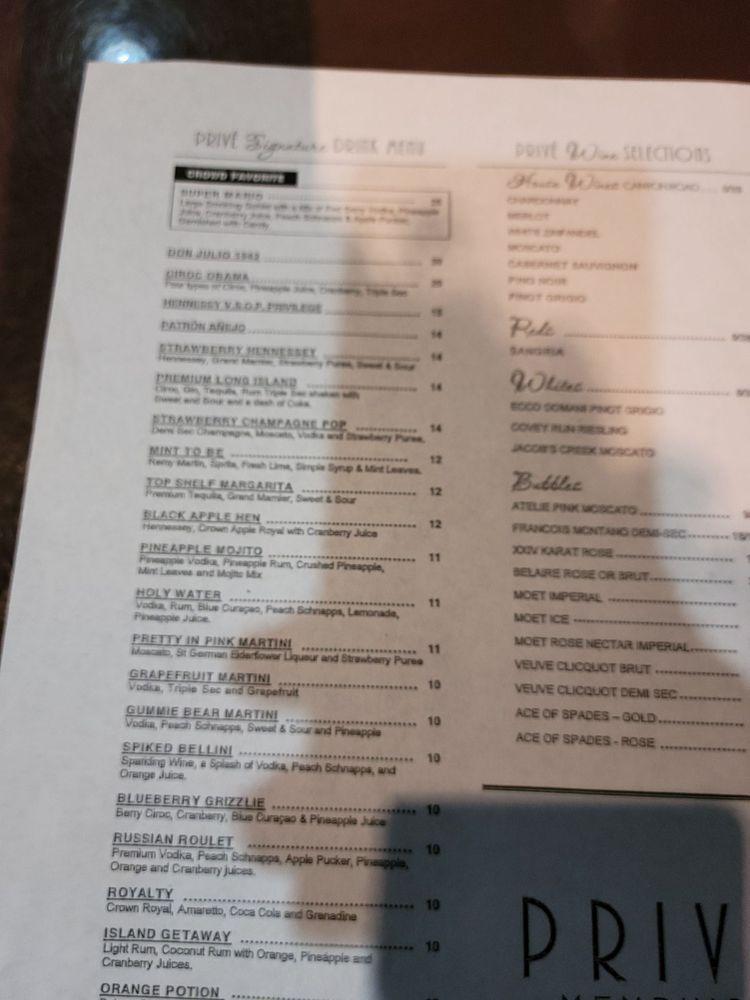 Menu at Prive restaurant, Memphis, Winchester Rd
