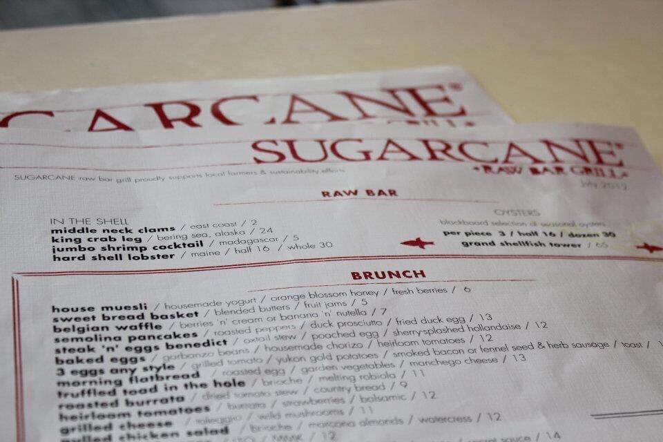 Menu at Sugarcane restaurant, Miami