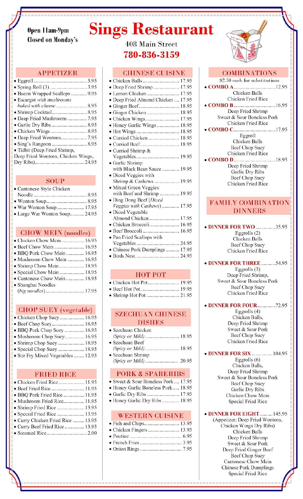 Menu at Sings Restaurant, Manning