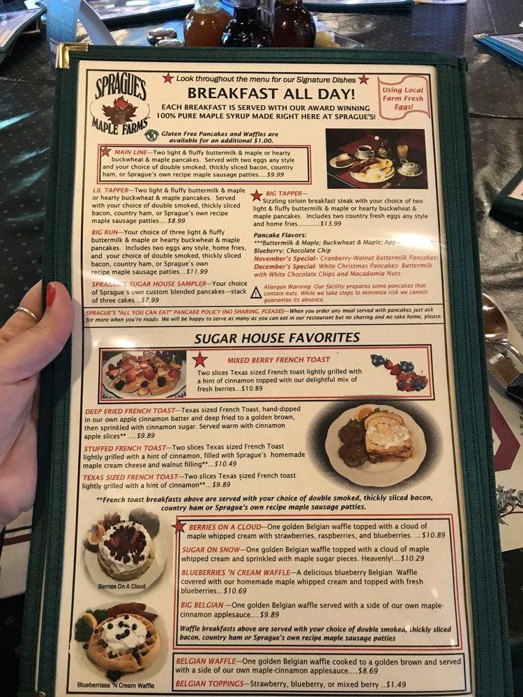 Menu at Sprague's Maple Farms restaurant, Portville