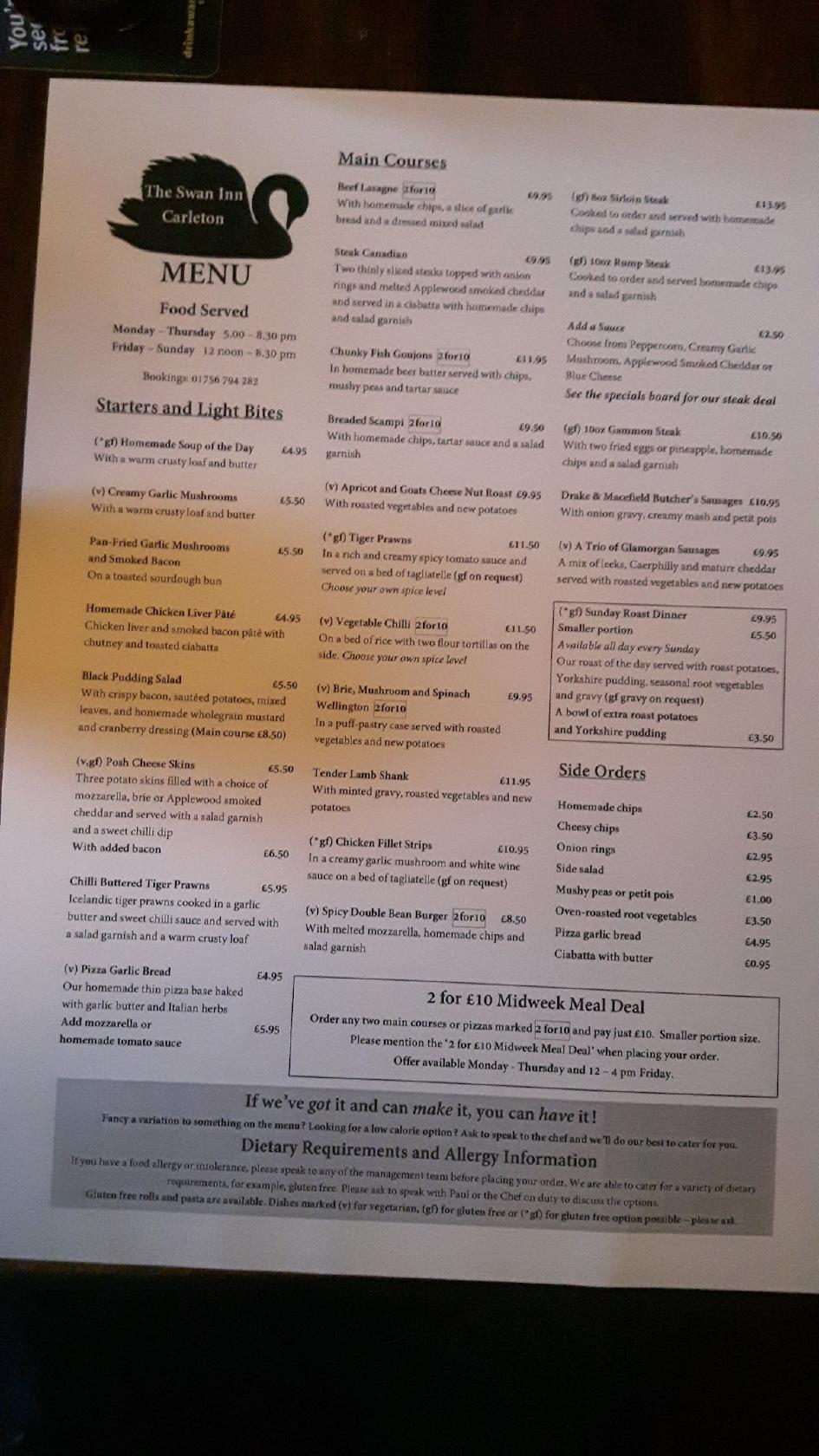 Menu at The Swan Inn pub & bar, Carleton